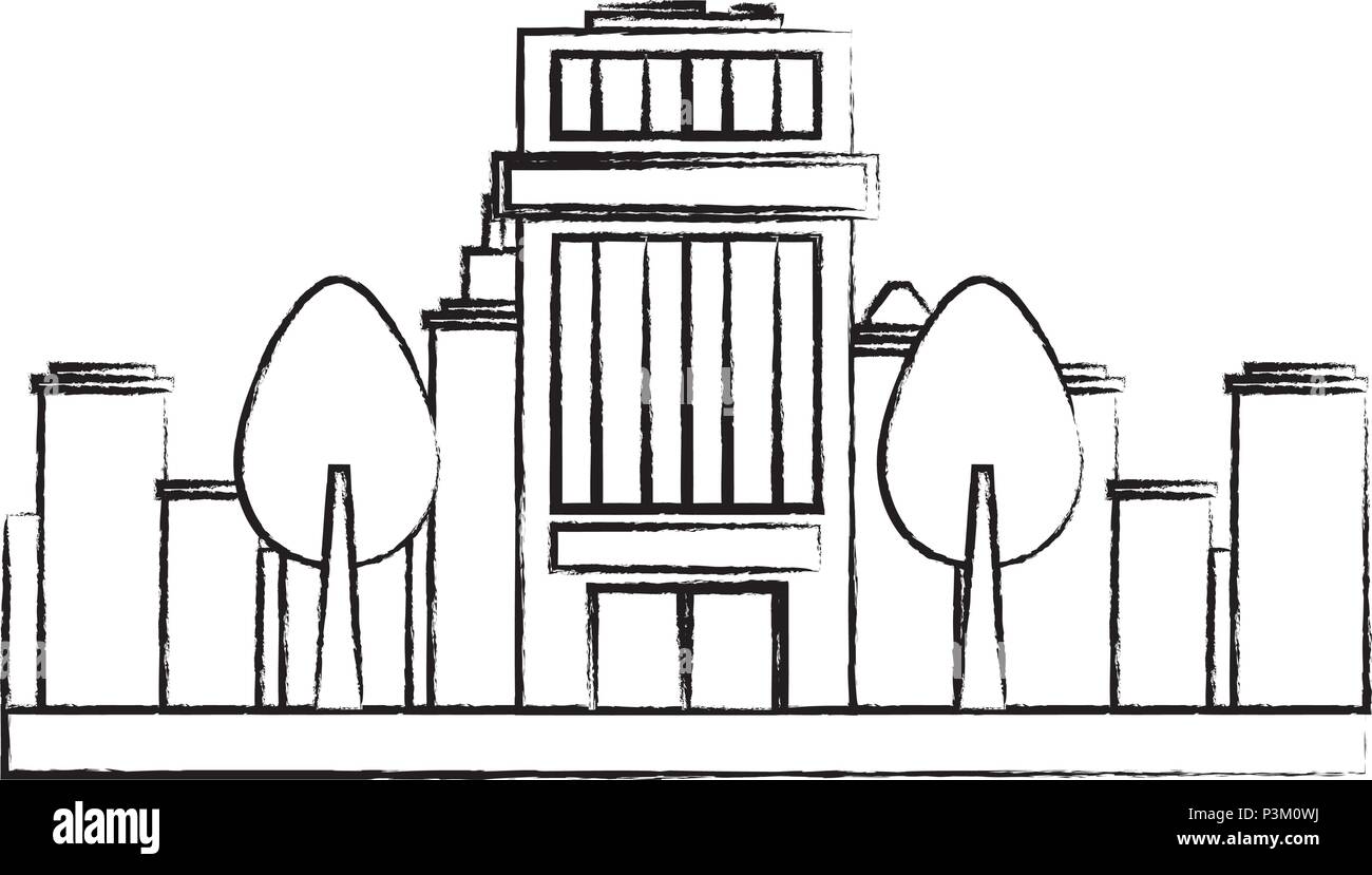sketch of city building and trees over city urban landscape and white ...