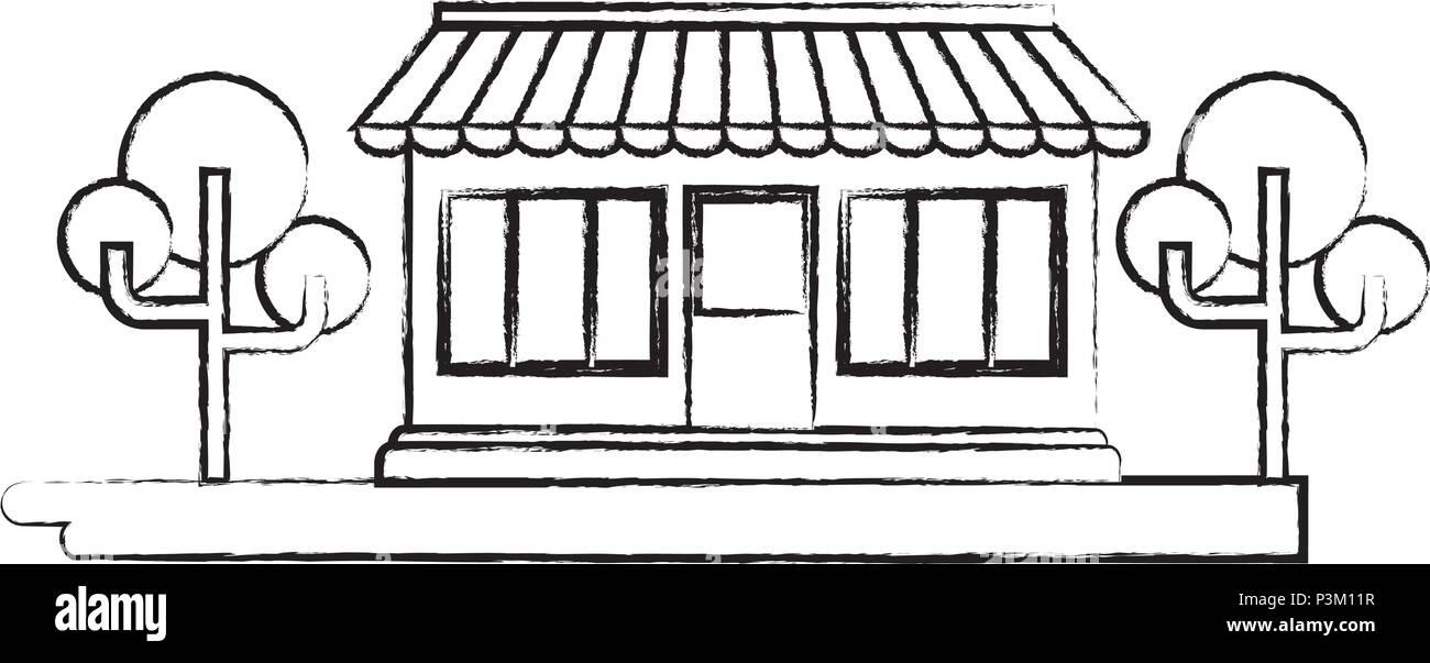 sketch of trees and stores over white background, vector illustration ...