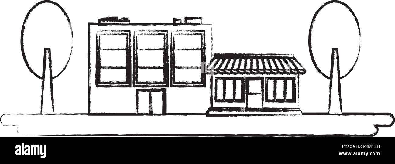 sketch of store and trees over white background, vector illustration ...