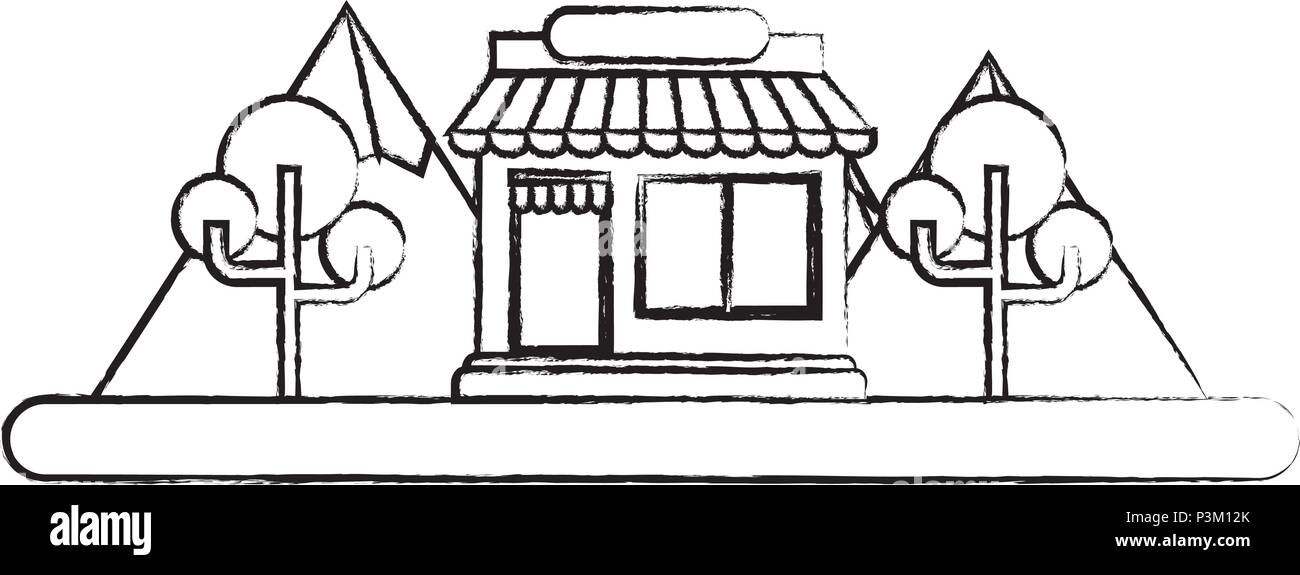 sketch of trees and stores over white background, vector illustration ...