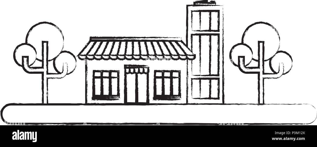 sketch of store and trees over white background, vector illustration ...