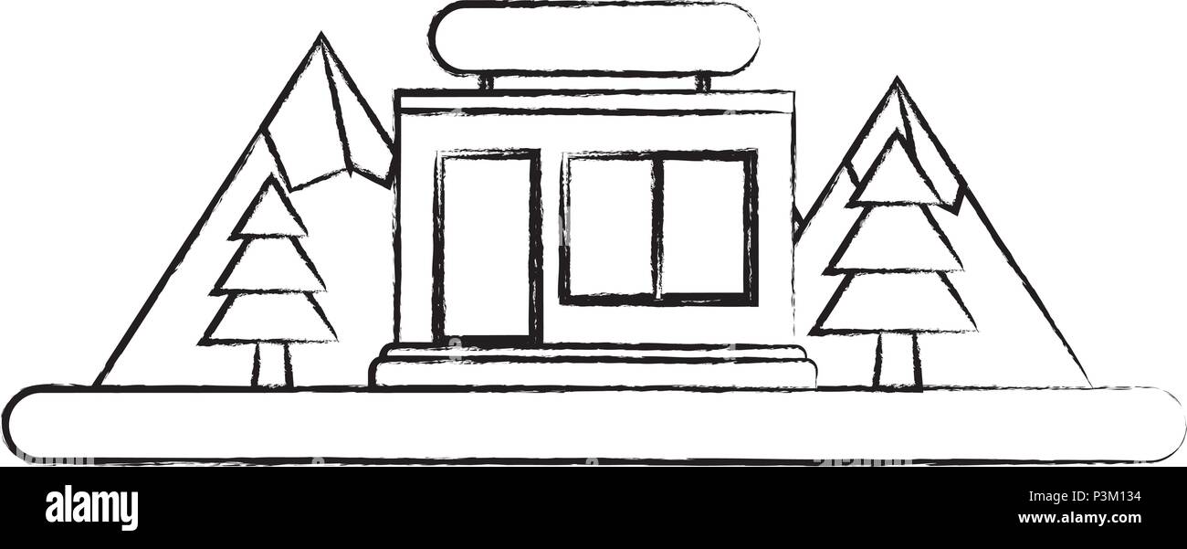 sketch of trees and stores over white background, vector illustration ...