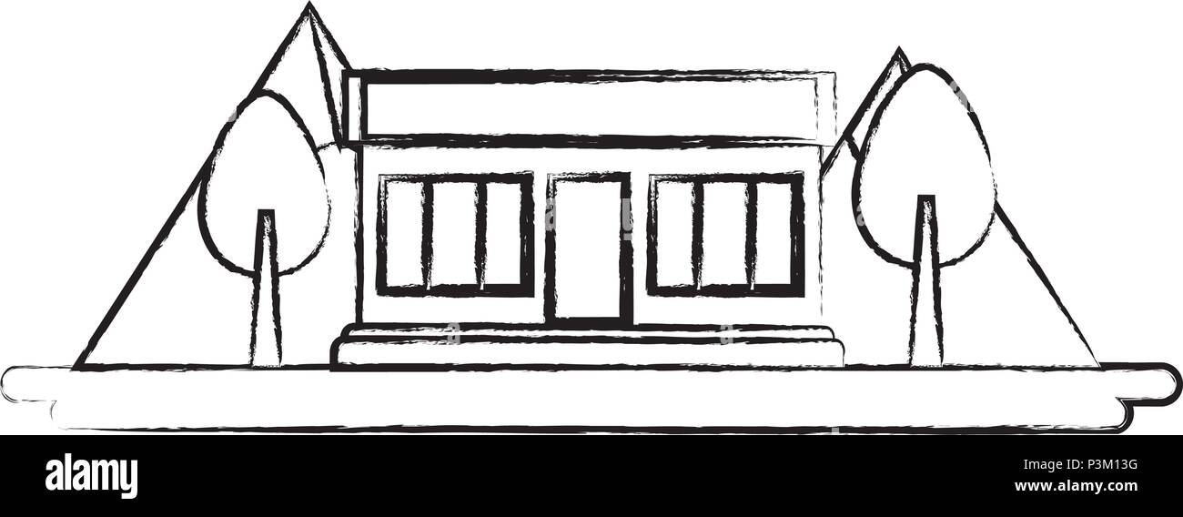 sketch of trees and stores over white background, vector illustration ...