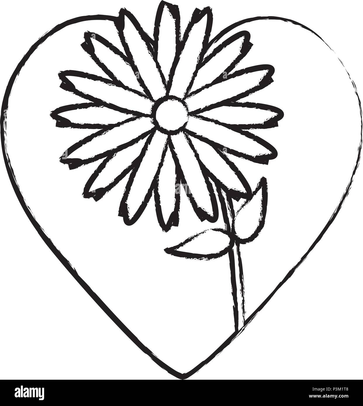 sketch of heart with beautiful flower icon over white background ...