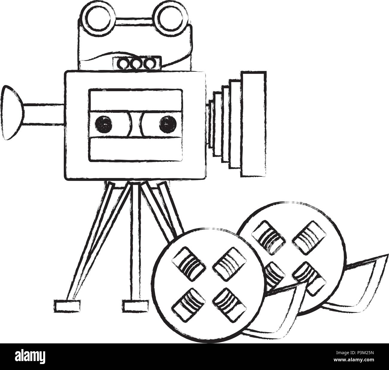 sketch of retro video camera with films tapes over white background ...