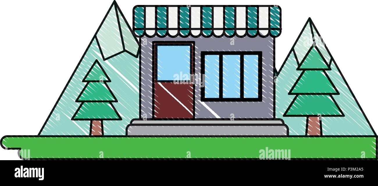 store and trees over white background, colorful design. vector ...