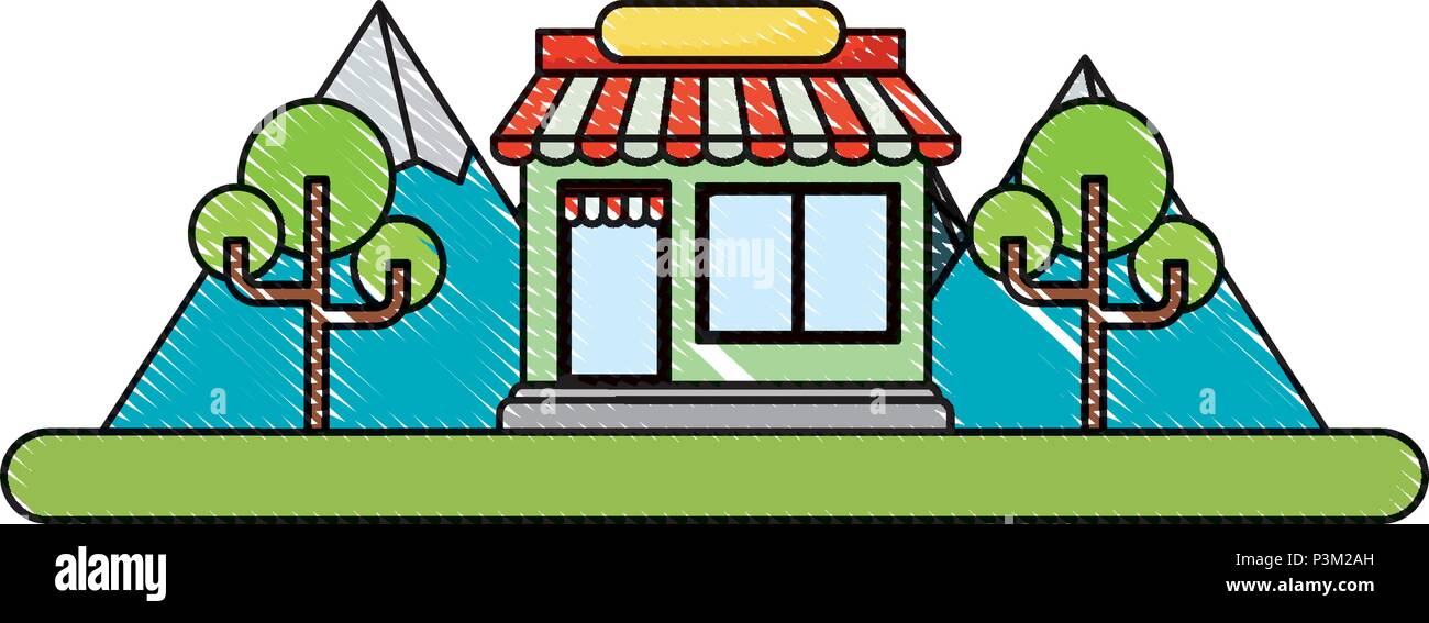 trees and stores over white background, colorful design. vector ...