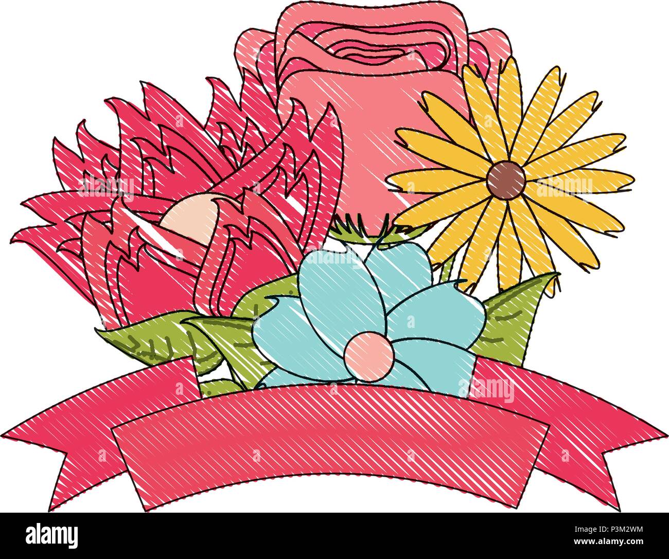 beautiful flowers and decorative ribbon over white background, vector ...