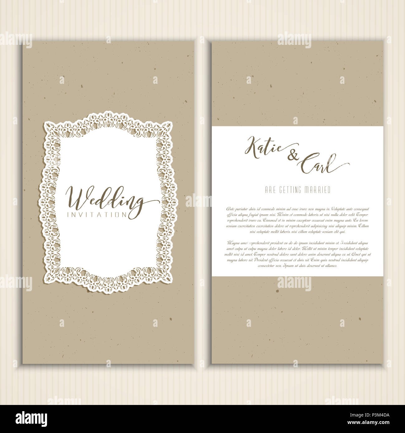 Wedding invitation with cardboard style texture and lace label Stock ...
