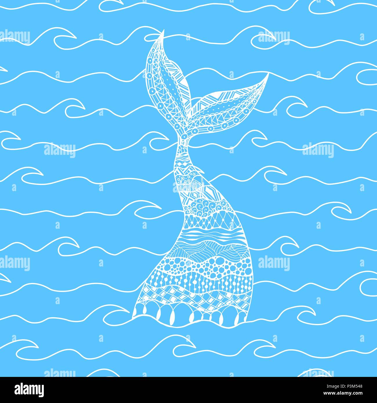 Vector seamless pattern of white line sea waves with doodle mermaid ... Vector seamless pattern of white line sea waves with doodle mermaid ...