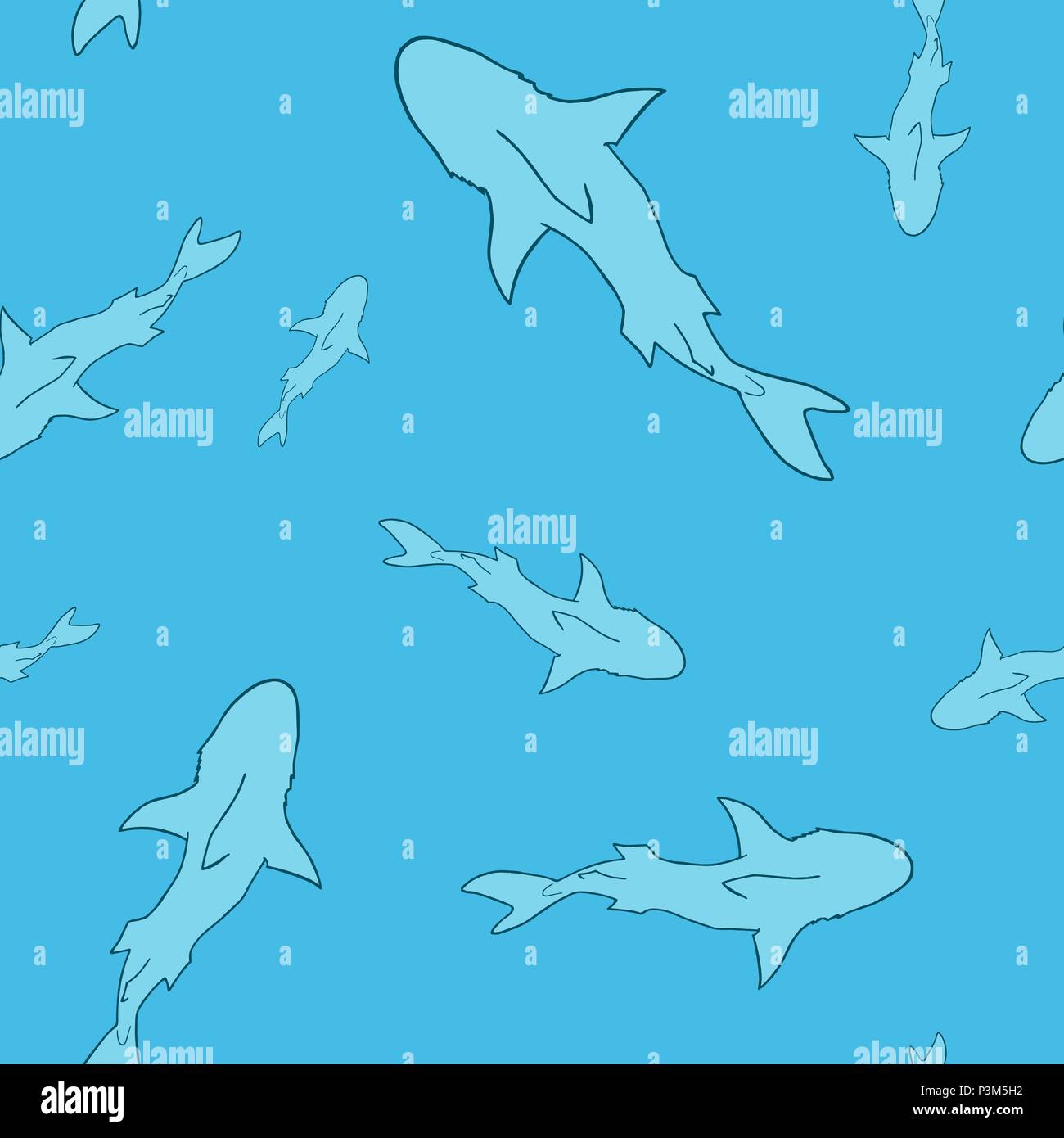 Vector seamless pattern of shark fish silhouette on blue background ...