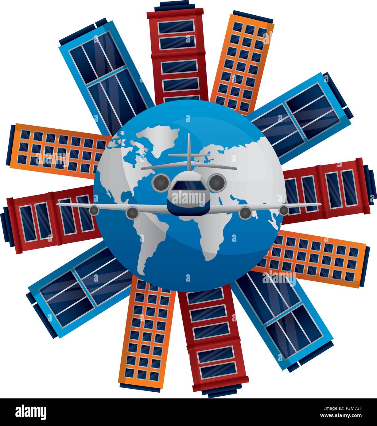 world planet earth with buildings and airplane vector illustration ...