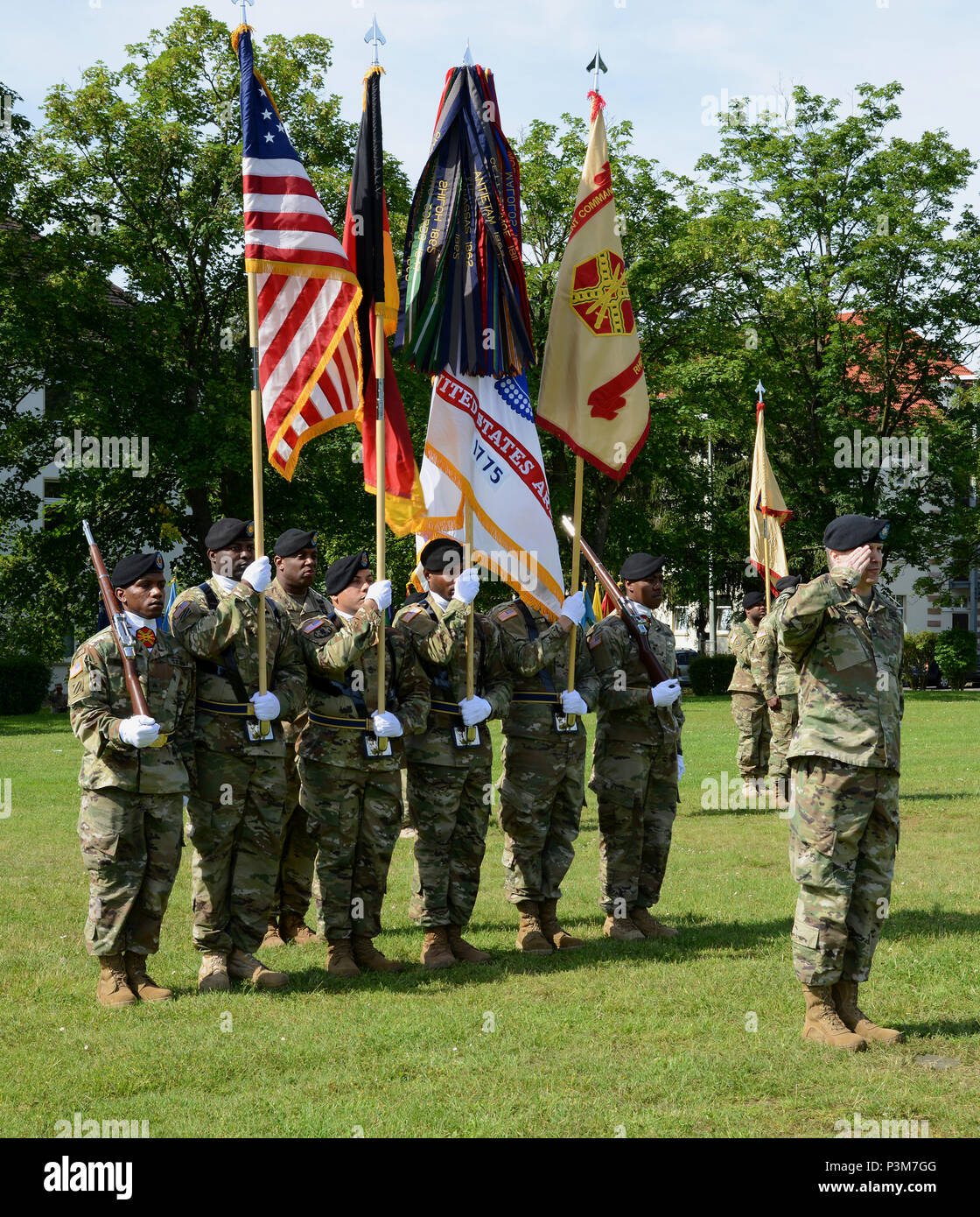 The U.S. Army Garrison Rheinland-Pfalz Color Guard display the colors ...