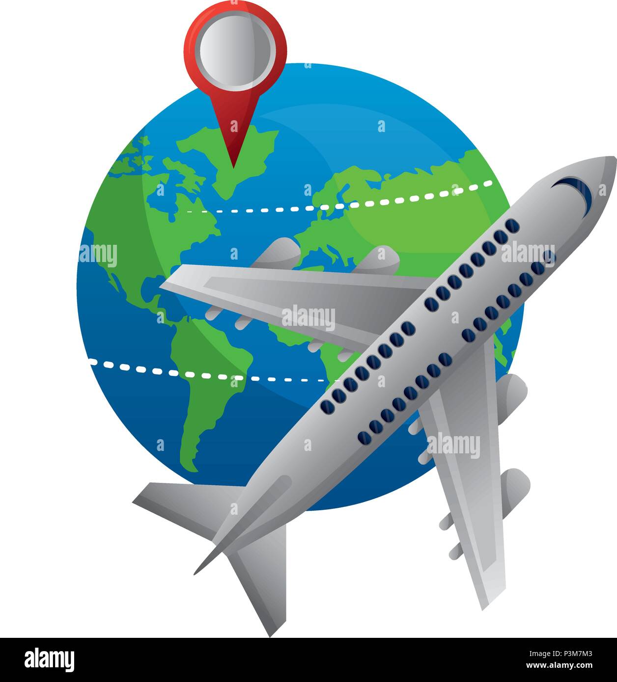 airplane flying with planet earth and pointer location vector ...