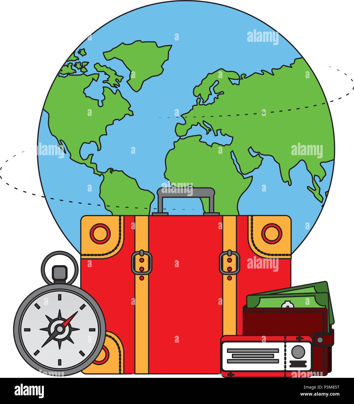 travel world suitcase compass wallet and air ticket Stock Vector Image ...