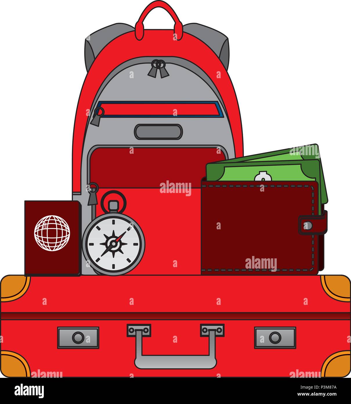 travel suitcase backpack wallet money compass passport Stock Vector ...