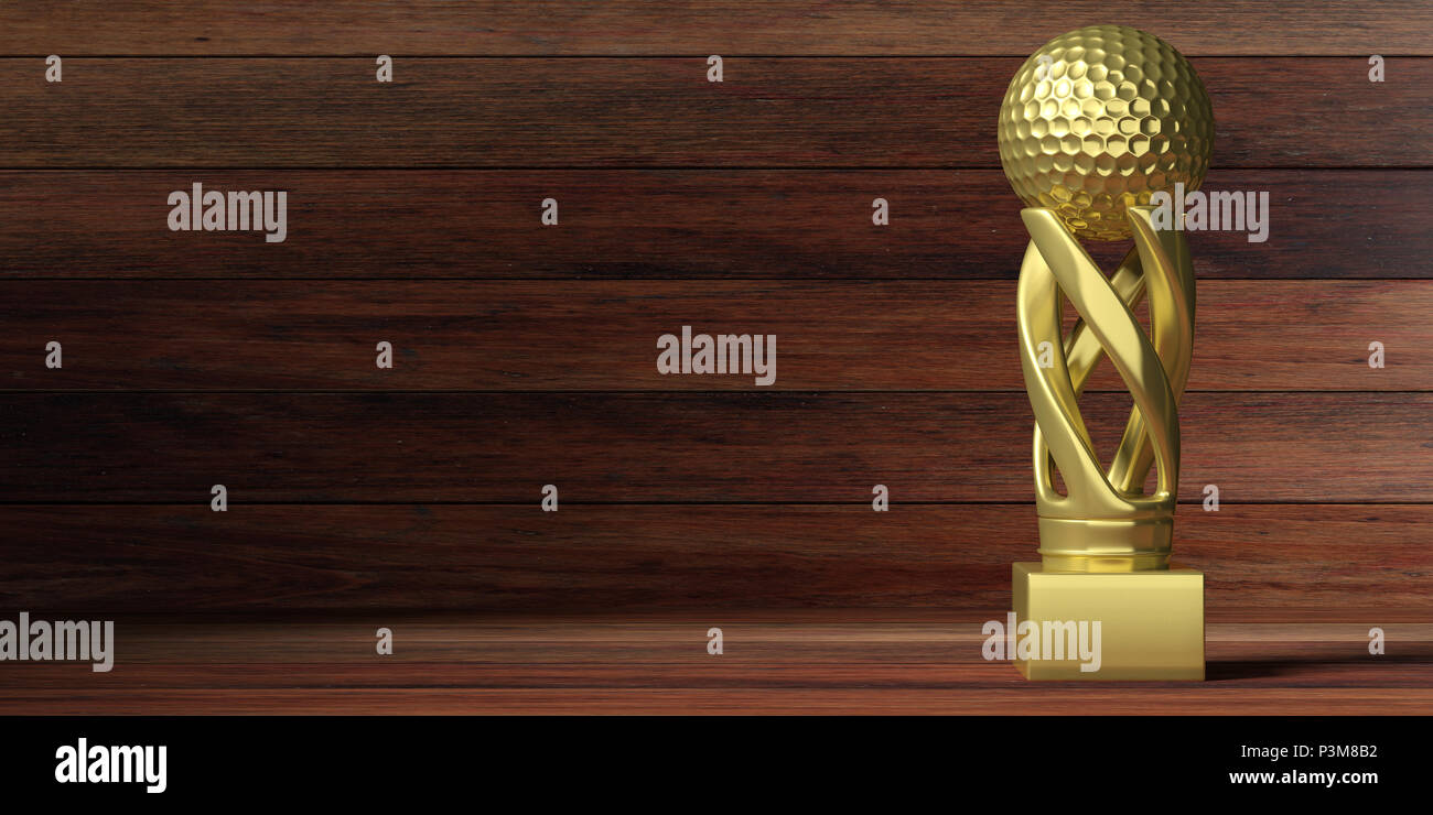 Golf cup. Golf golden trophy isolated on wooden background, copy space ...