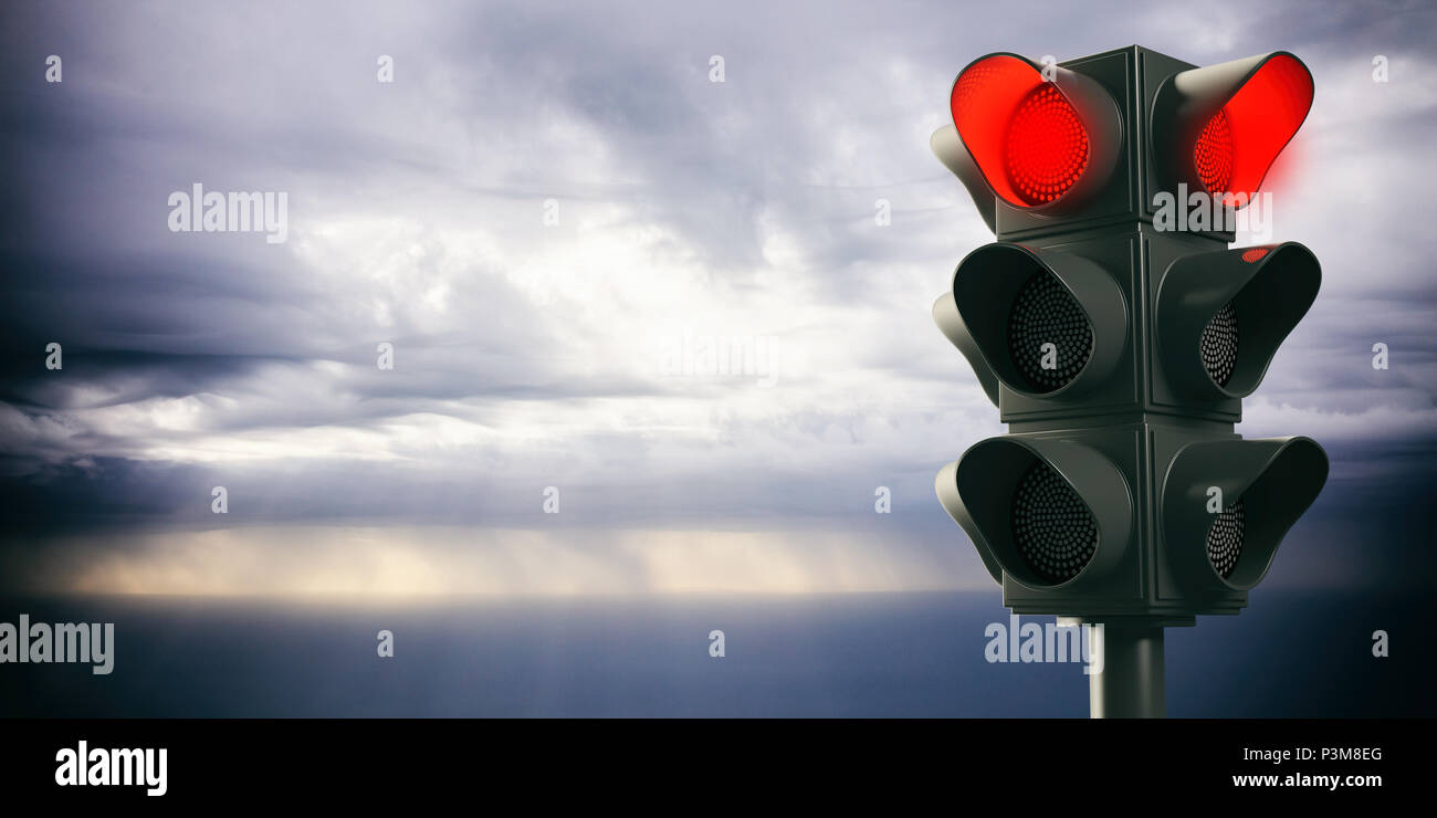Driving with bad weather conditions. Traffic light, red stop signal, on ...