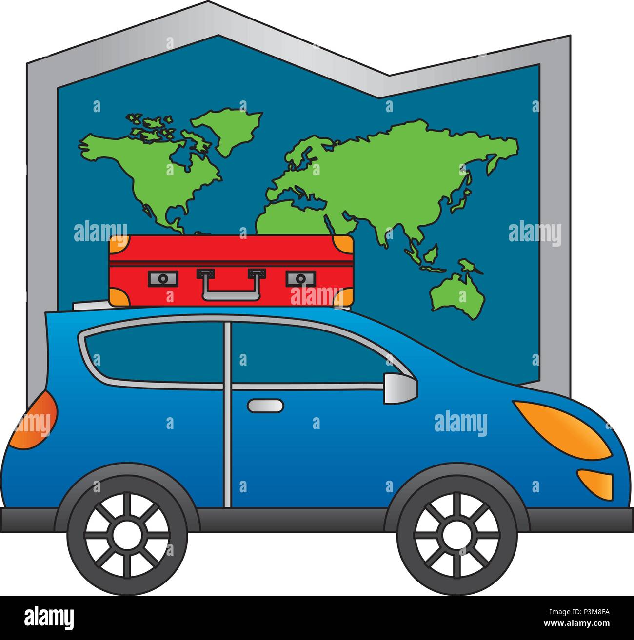 automobile with suitcase in roof travel map world Stock Vector Image ...