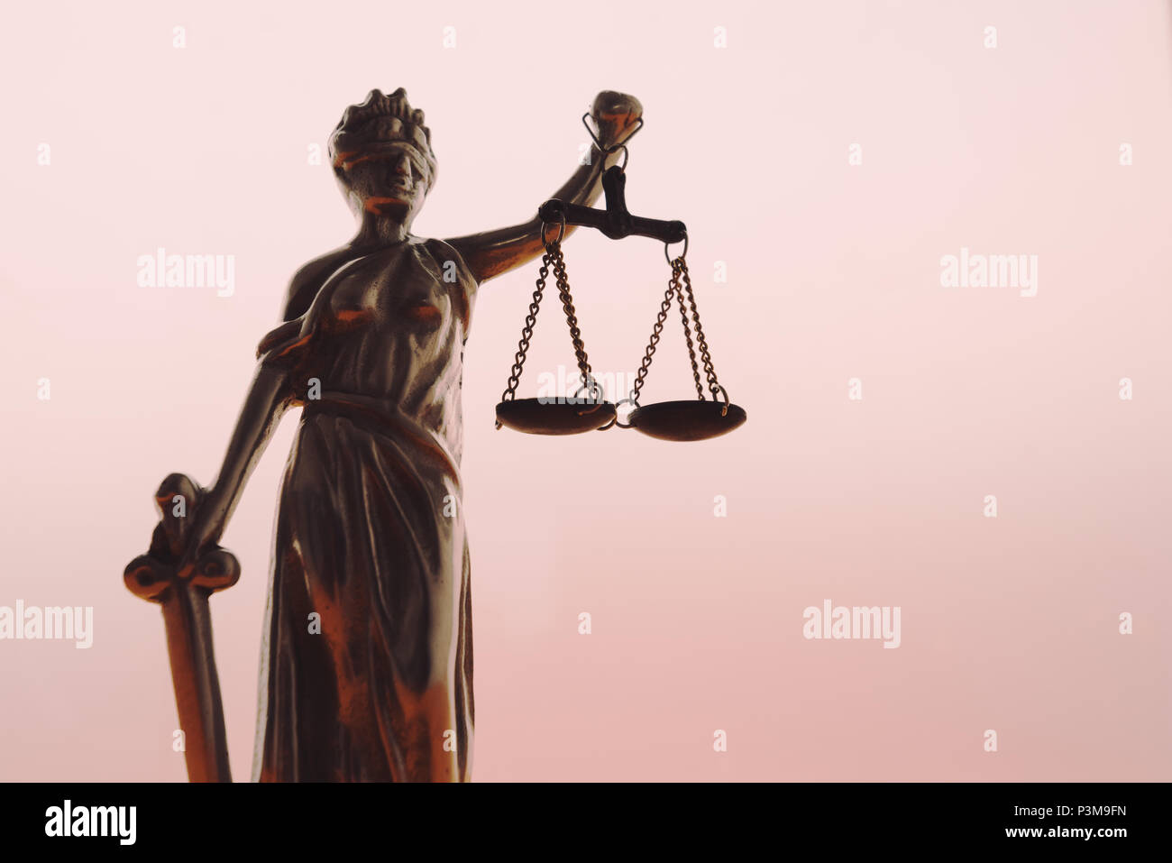 Statue of lady Justice or Justitia with scale on bright background ...