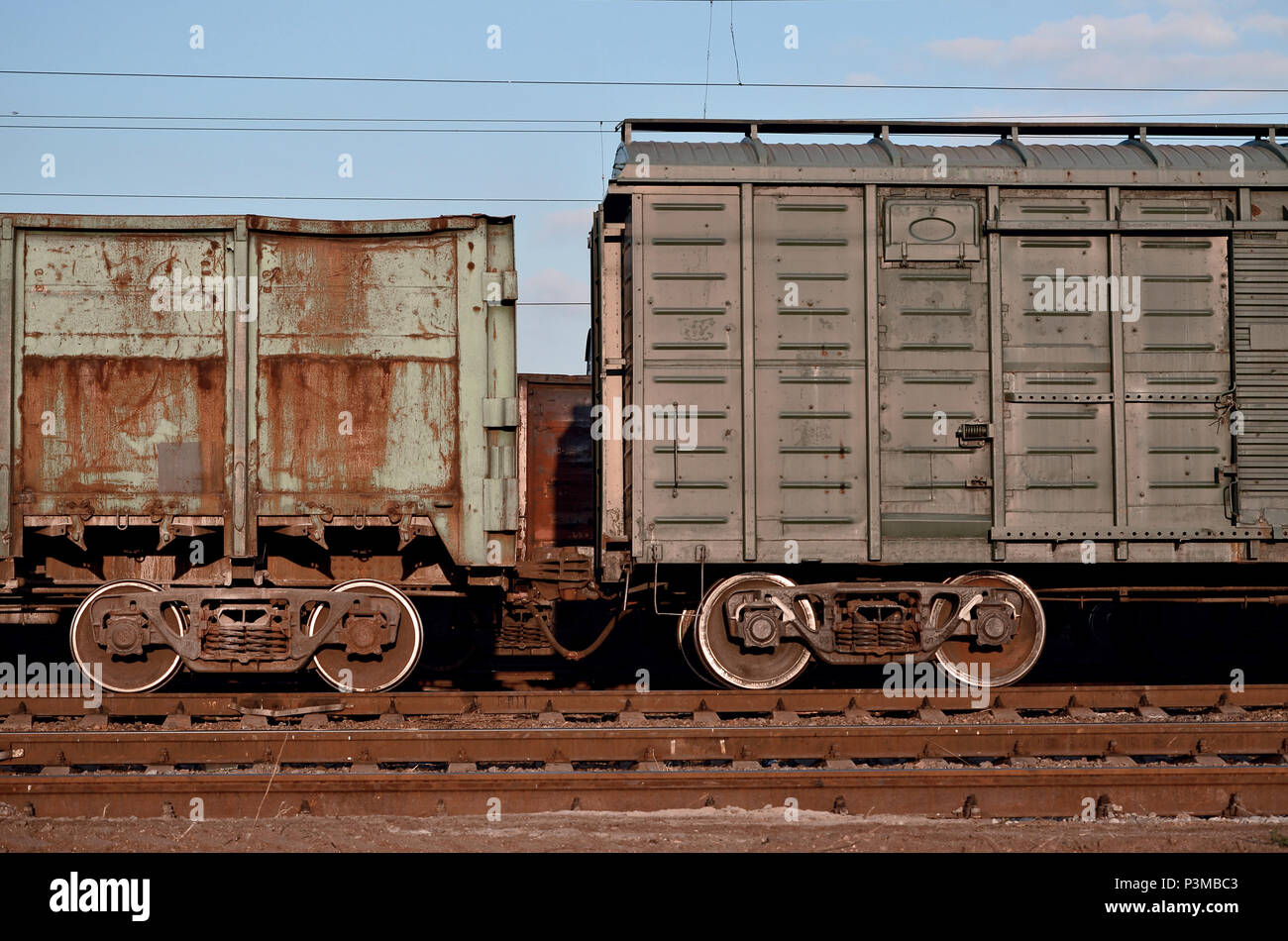 Detailed photo of railway freight car. A fragment of the component ...