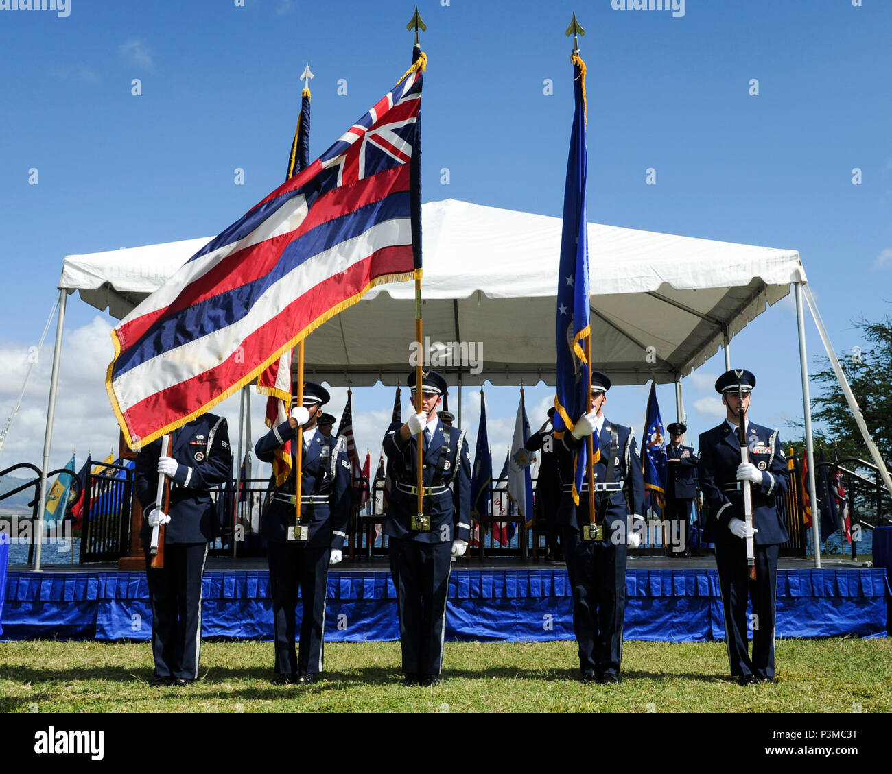 The 15th Wing Honor Guard presents the colors during an assumption-of ...