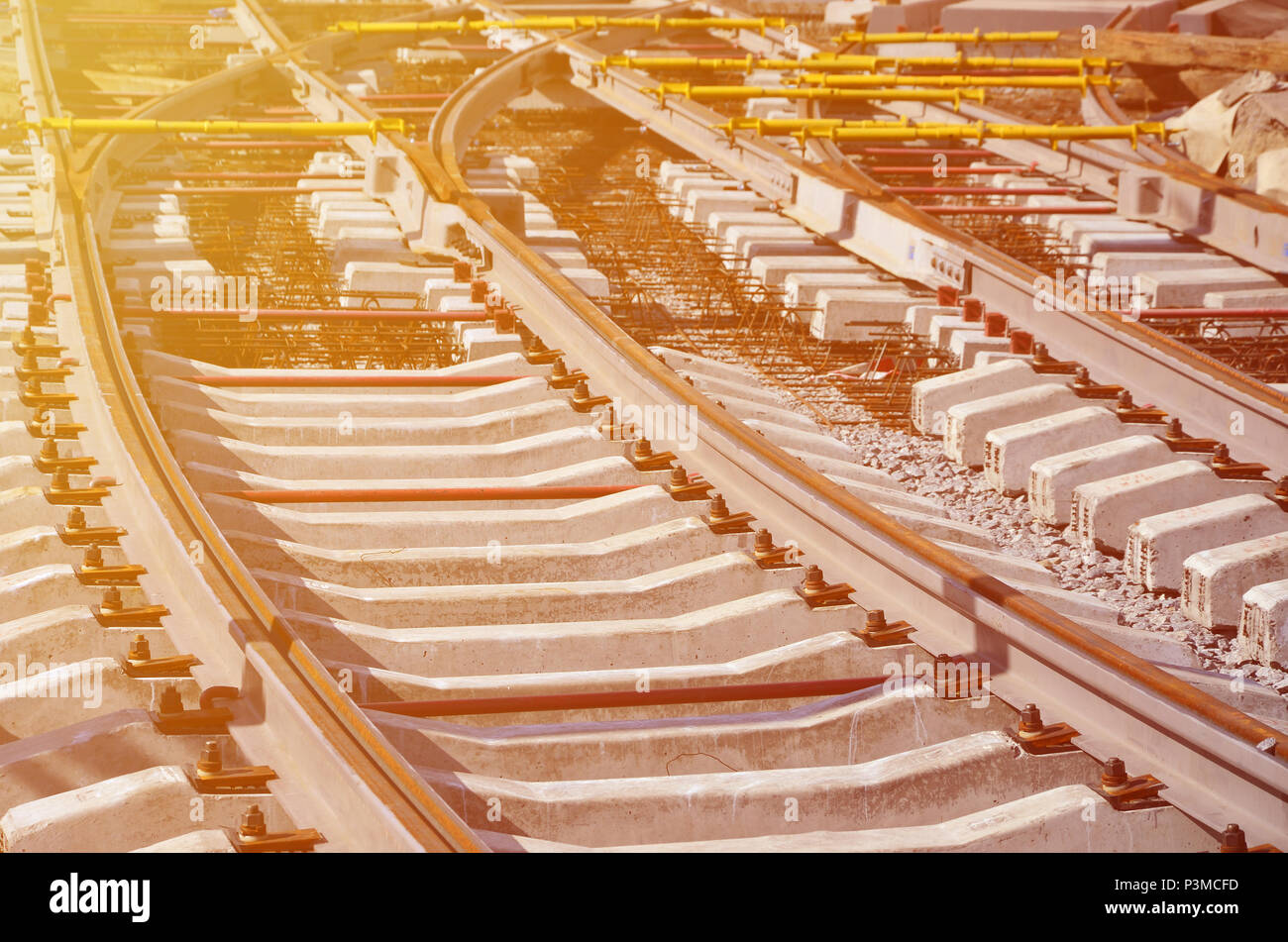 Fragment of tram rails at the stage of their installation and ...