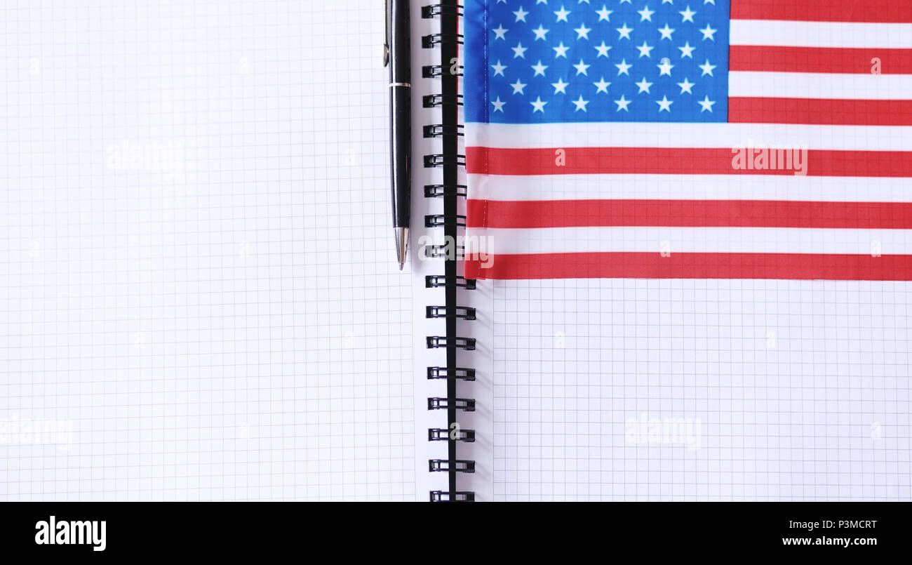 Learning foreign languages. Notepad for entries and a flag. Language ...