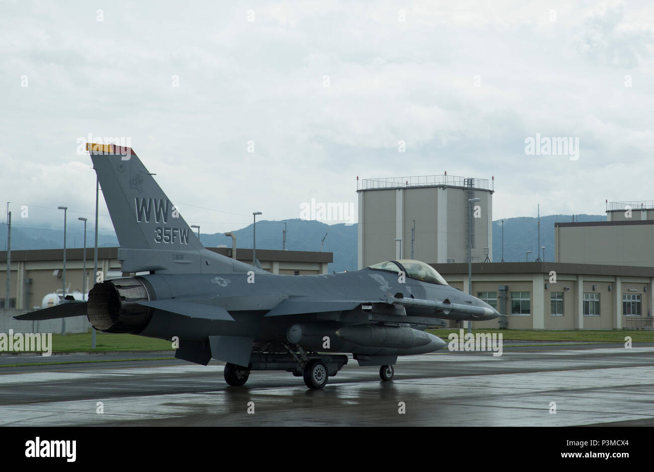 A U.S. Air Force F-16 fighter jet from Misawa Air Base, Japan, taxis ...