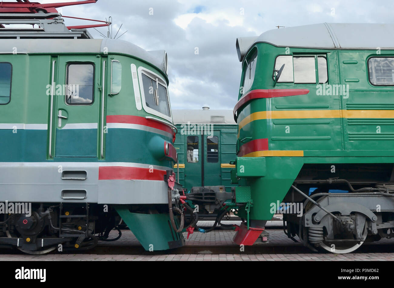 Cabs of modern Russian electric trains. Side view of the heads of ...