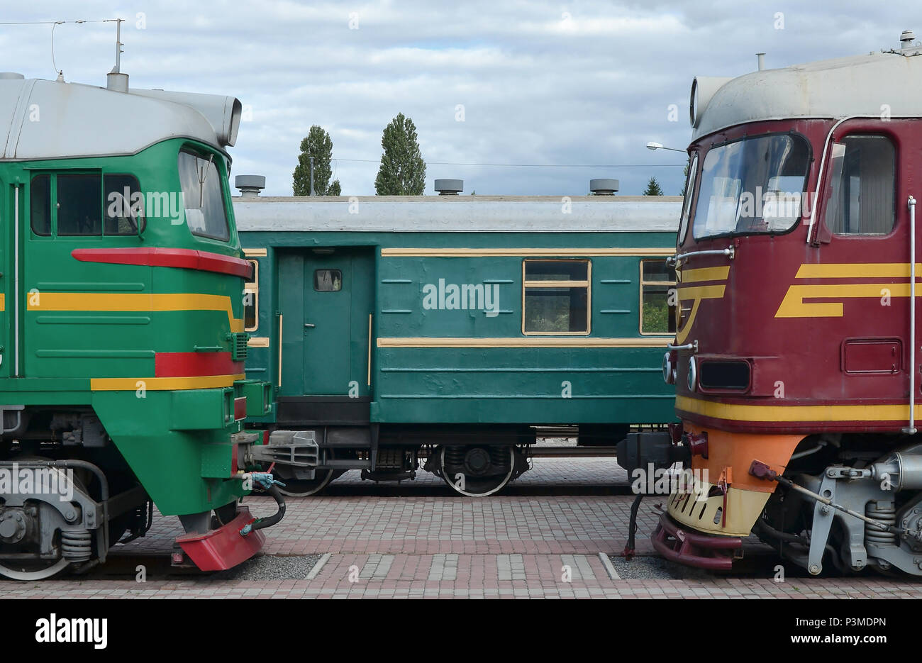 Cabs of modern Russian electric trains. Side view of the heads of ...