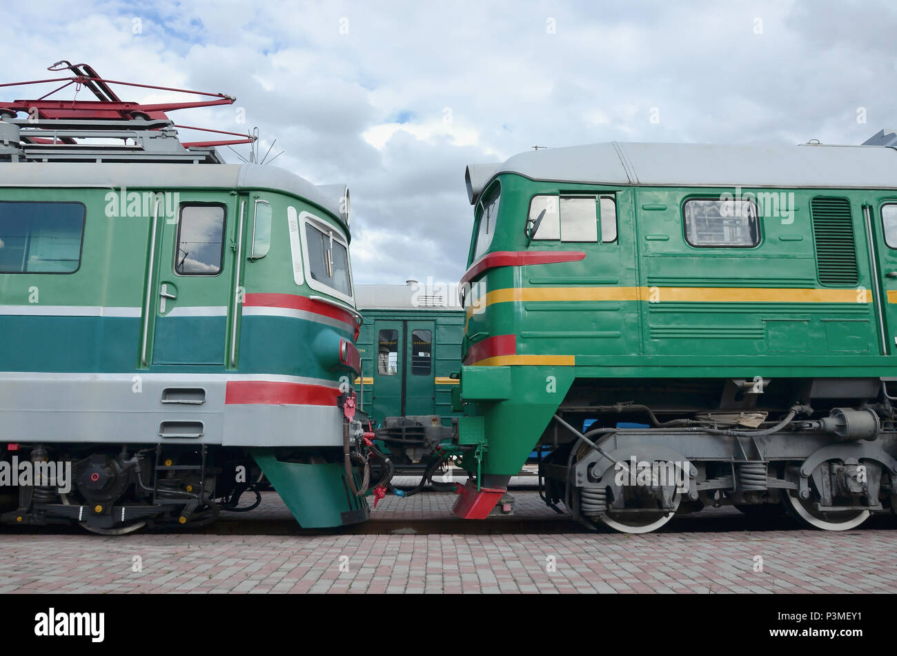 Cabs of modern Russian electric trains. Side view of the heads of ...