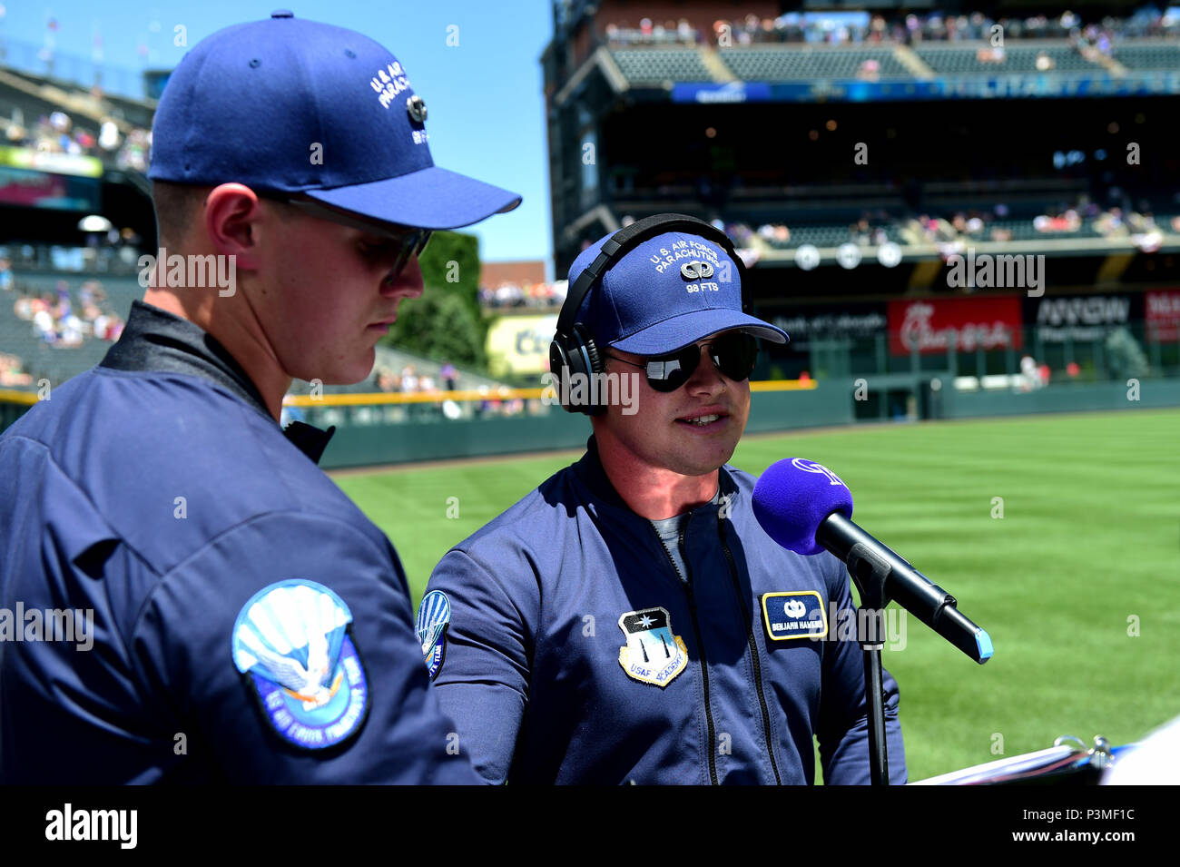 U.S. Air Force skydiving team members with the Wings of Blue announce ...
