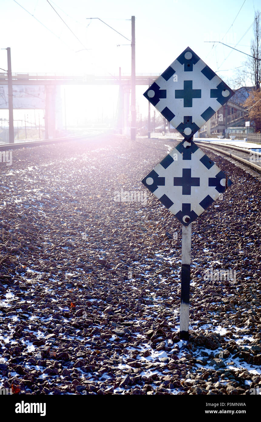 Railway landscape. Railroad sign with the sunny railway background and ...