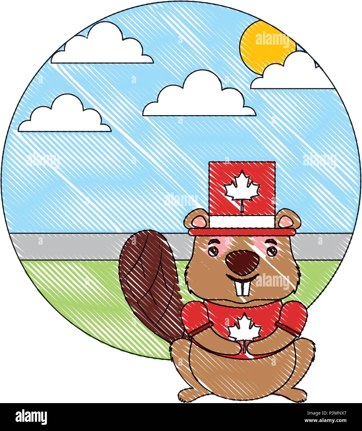 beaver of canada with hat and landscape isolated icon vector ...
