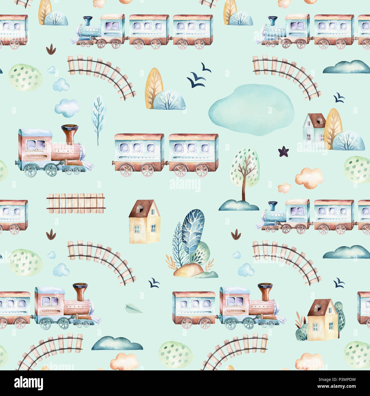 Baby boys world. Cartoon airplane, plane and waggon locomotive ...