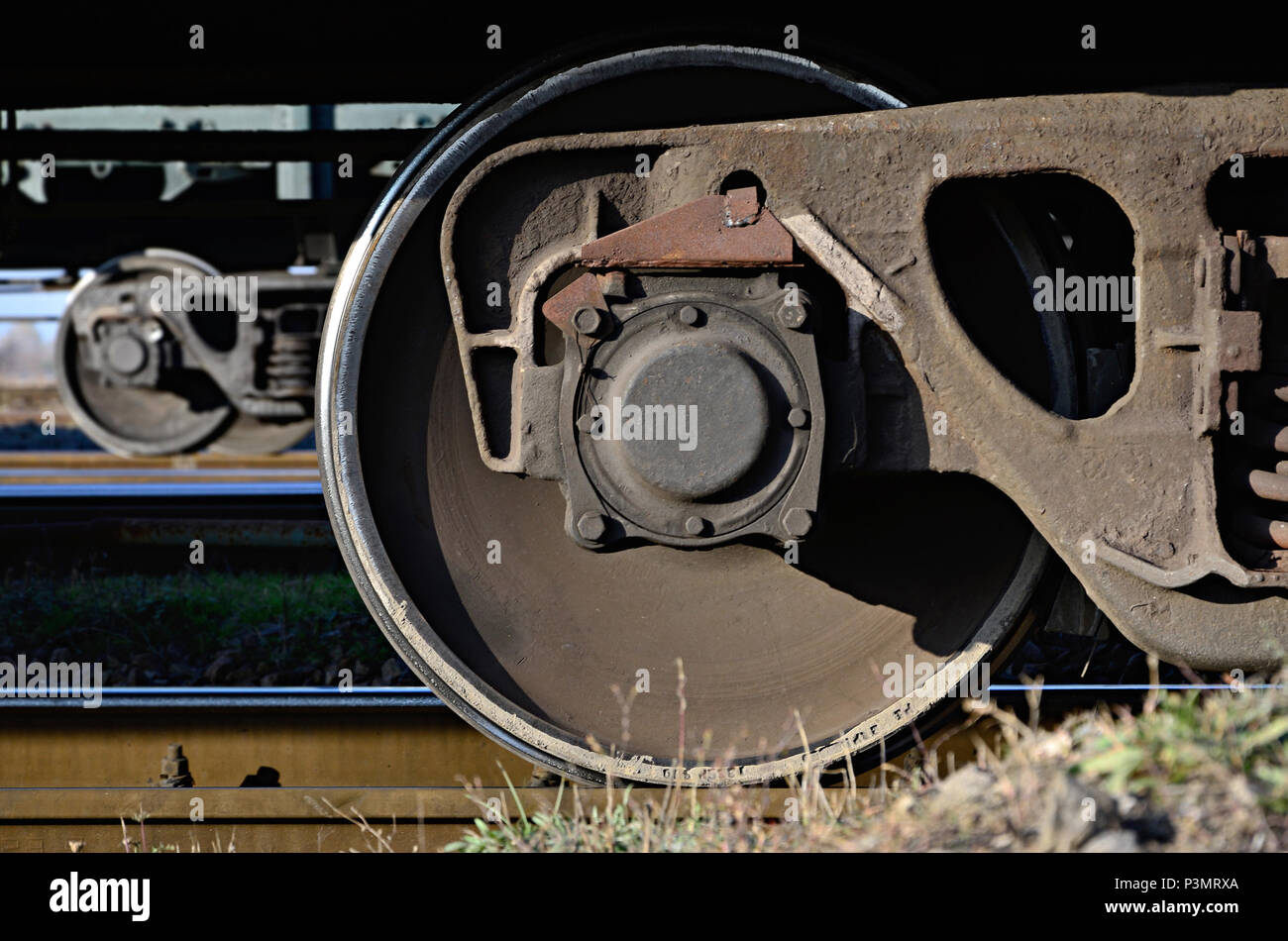 Detailed photo of railway freight car. A fragment of the component ...