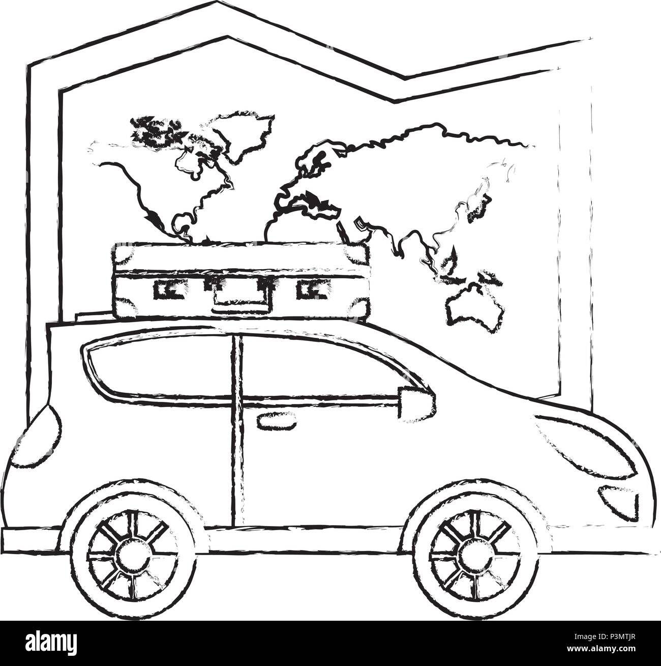 automobile with suitcase in roof travel map world vector illustration ...
