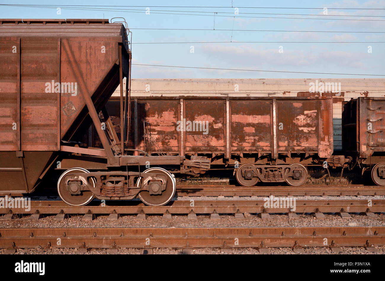 Detailed photo of railway freight car. A fragment of the component ...