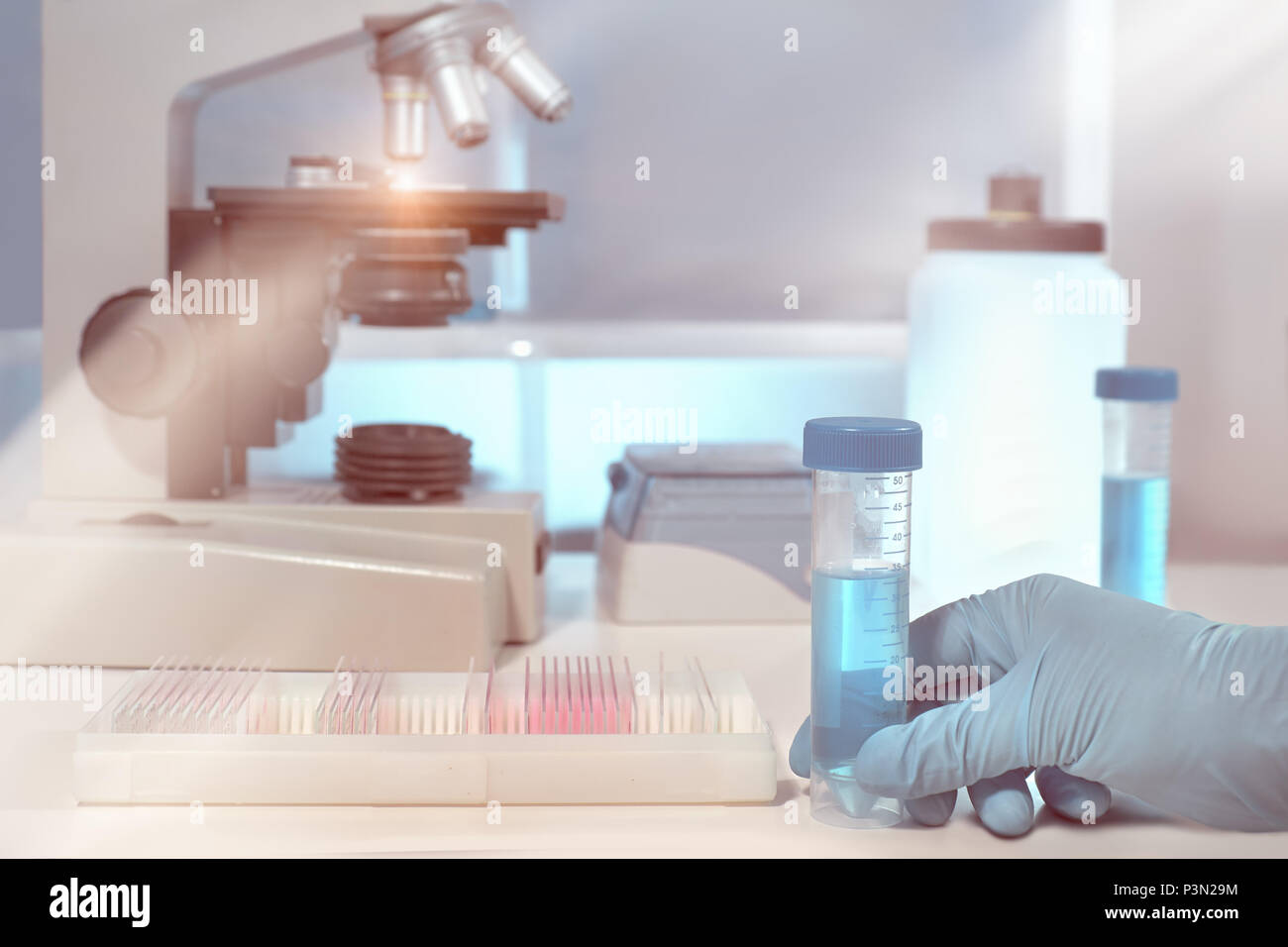 Scientific background with microscope room. Shallow DOW, toned image ...