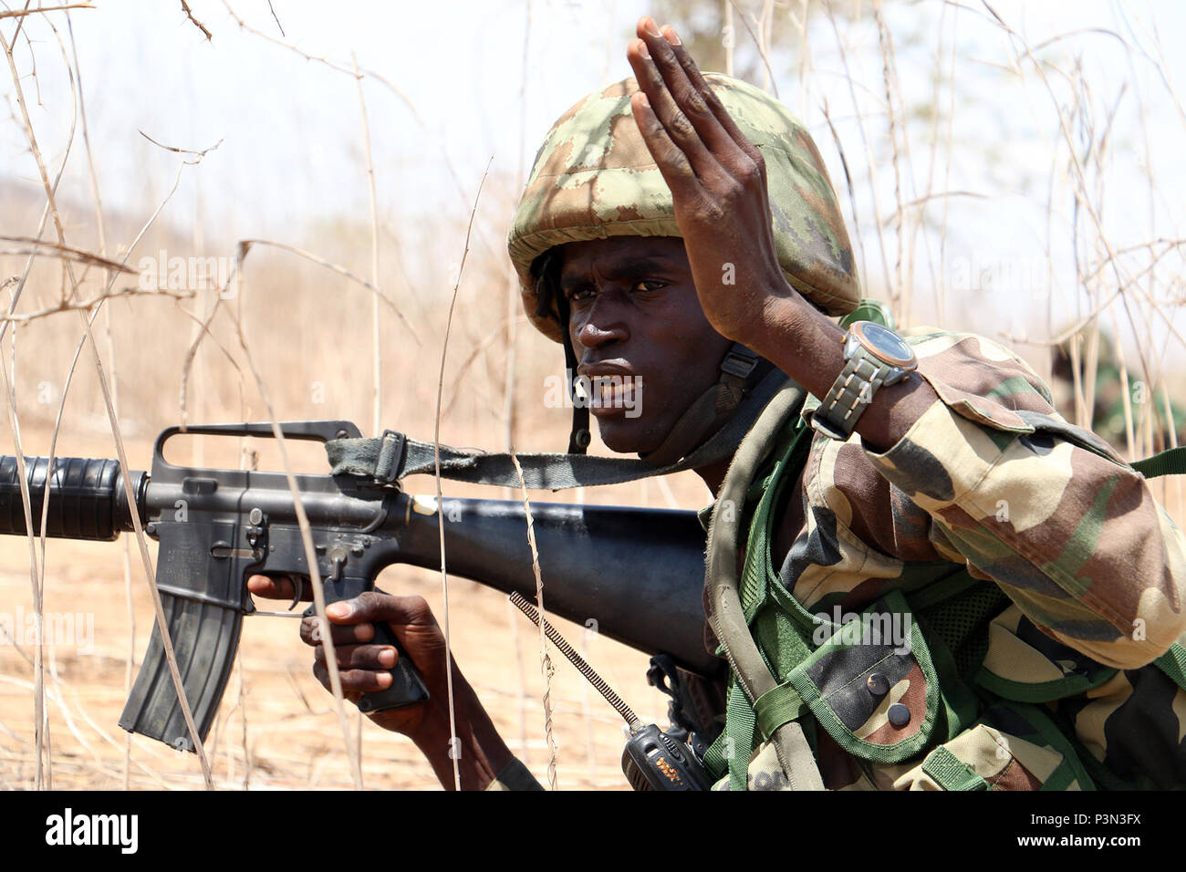 A Senegalese soldier with 1st Paratrooper Battalion gives movement ...