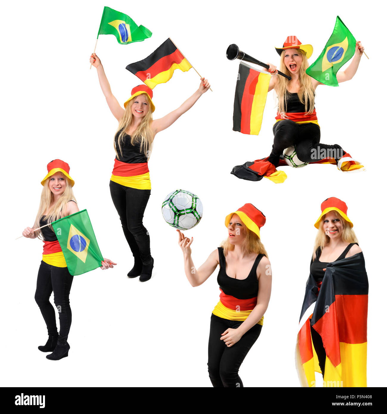 Set of five pictures with happy German soccer fan celebrating and ...