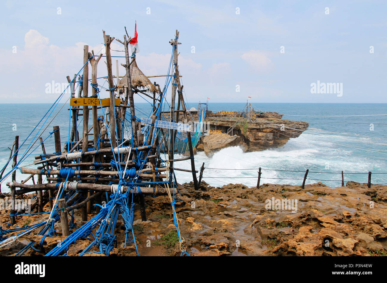 Suspension bridge connecting to the Timang Beach in sunny day ...
