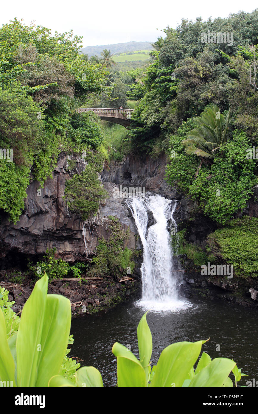 Dramatic waterfall of Ohe'o Gulch cascading down a rocky cliff into a ...
