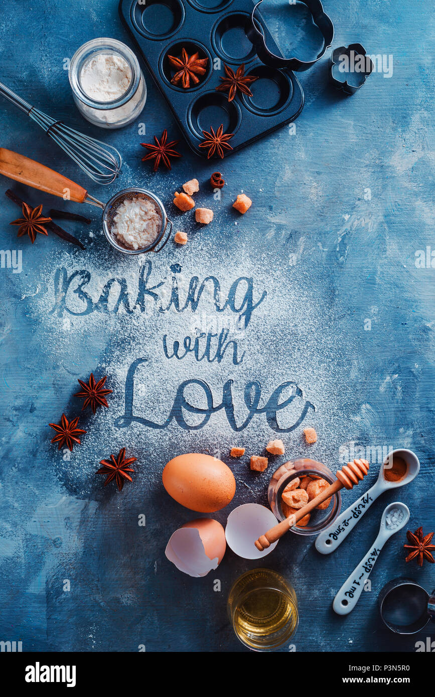 Food typography with Baking with Love text on a marble table. Pastry ...