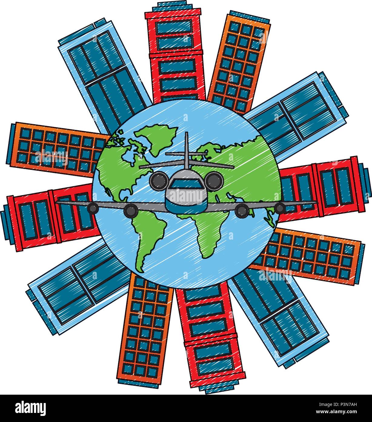 world planet earth with buildings and airplane Stock Vector Image & Art ...
