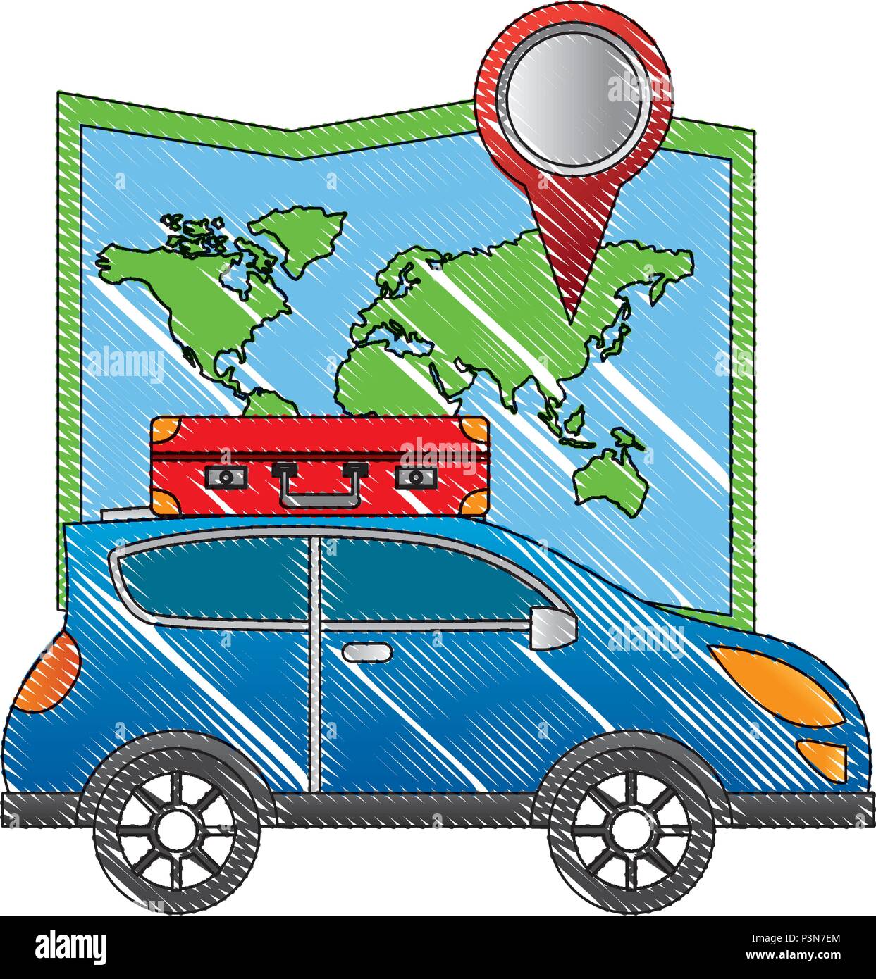 world paper map with car and suitcase Stock Vector Image & Art - Alamy