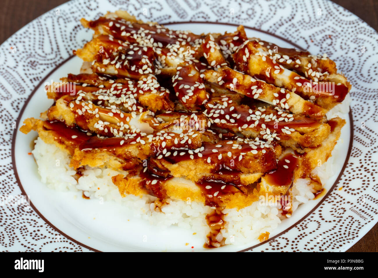 Chicken tempura with rice and teriyaki sauce Stock Photo - Alamy