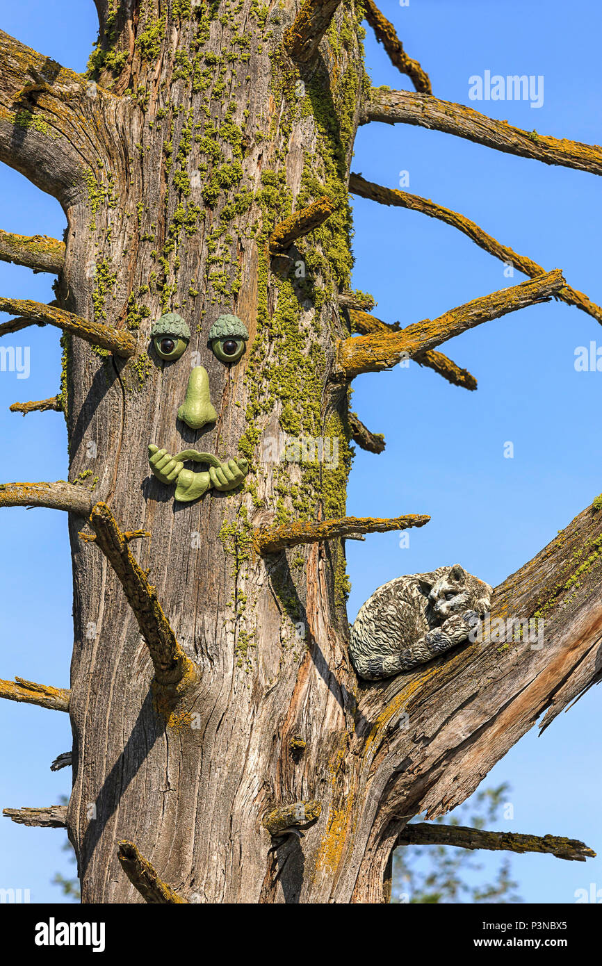 A barren tree has an old face attached to it and a statue of a resting ...