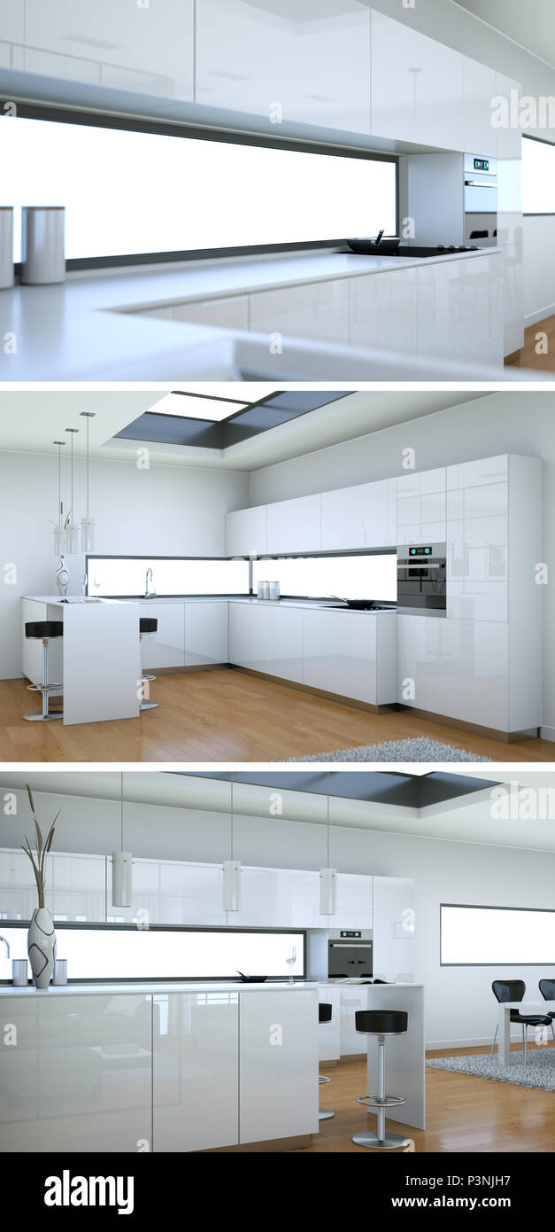 3d Illustration of three views of a modern kitchen with a beautiful ...